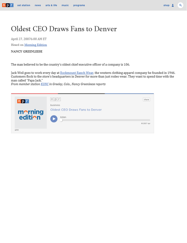 NPR - Oldest CEO Draws Fans to Denver – Rockmount