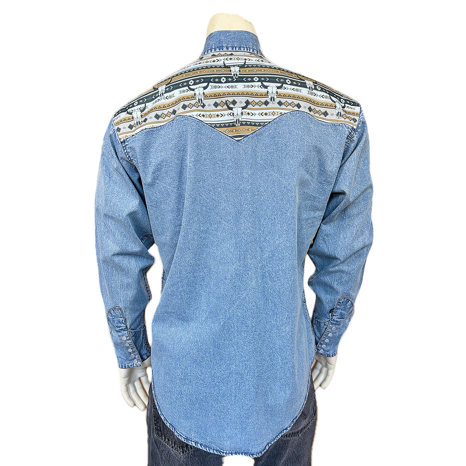 Rockmount Men's Vintage 2-Tone Denim & Steer Skull Embroidery Western Shirt
