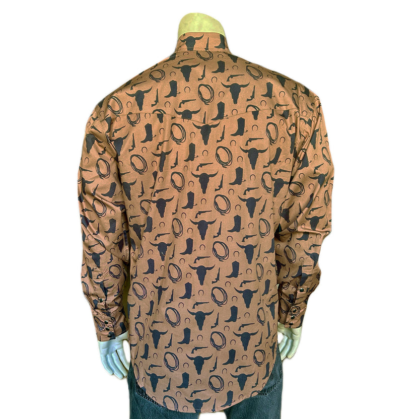 Men's Vintage Brown Lariat Boot Steer Skull Print Western Shirt – Rockmount