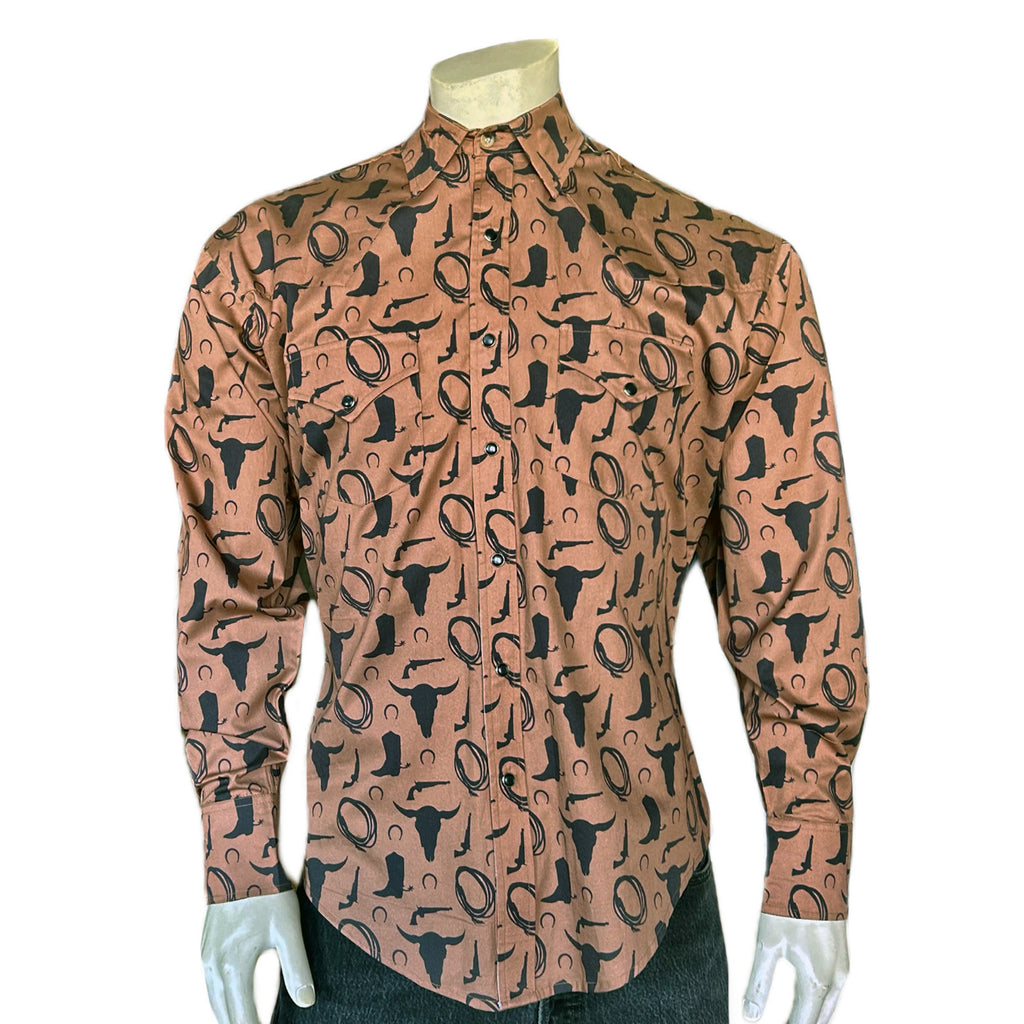 Men's Vintage Brown Lariat Boot Steer Skull Print Western Shirt – Rockmount