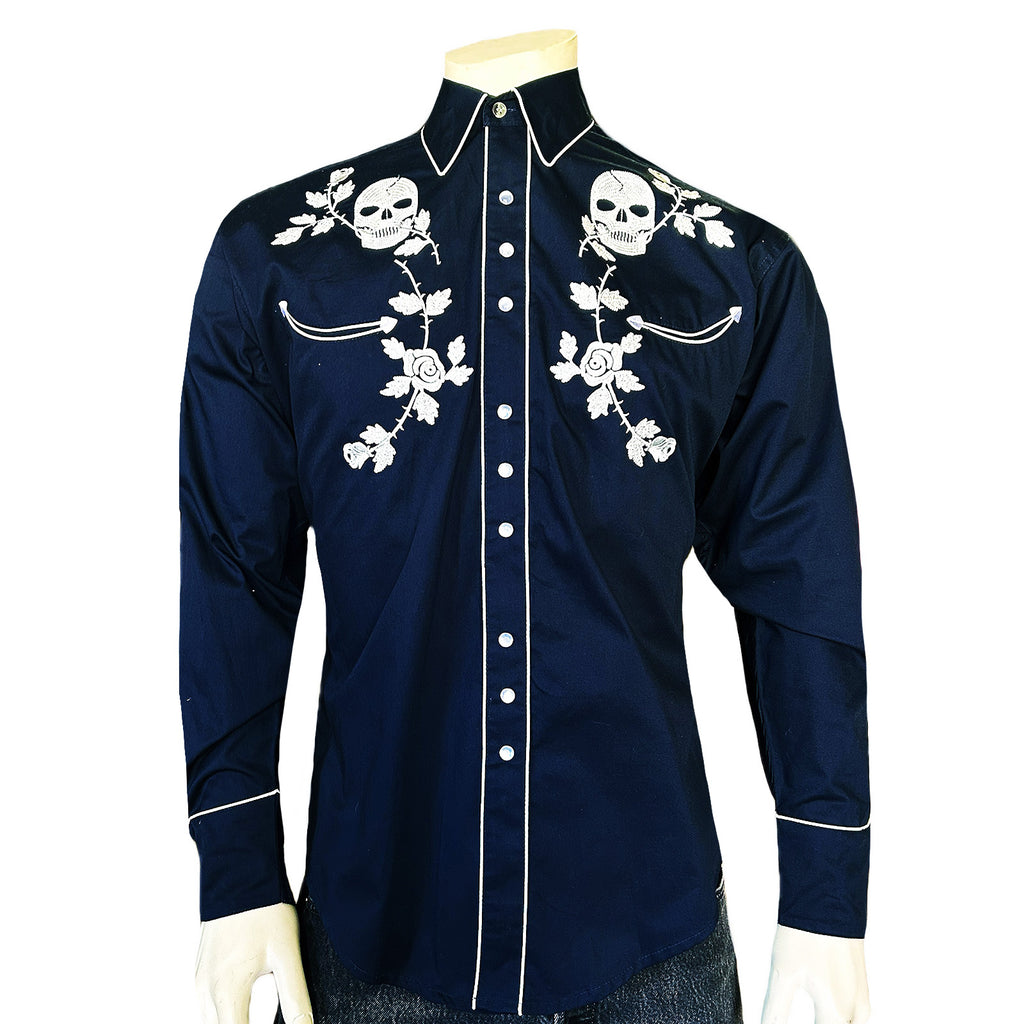 Rockmount Men’s Vintage Navy Skull & Roses Chain Stitch Embroidery ...