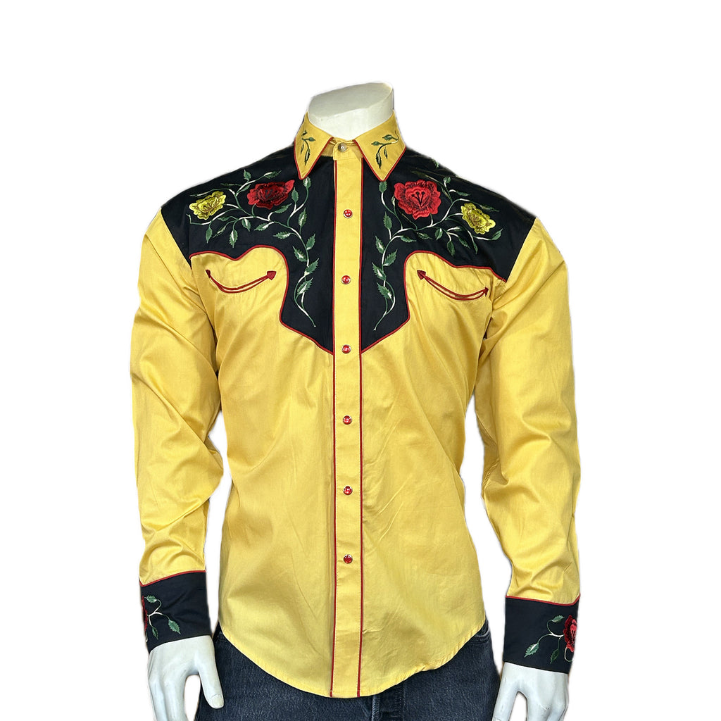 Rockmount Men's 2-Tone Yellow & Black Floral Embroidery Western Shirt